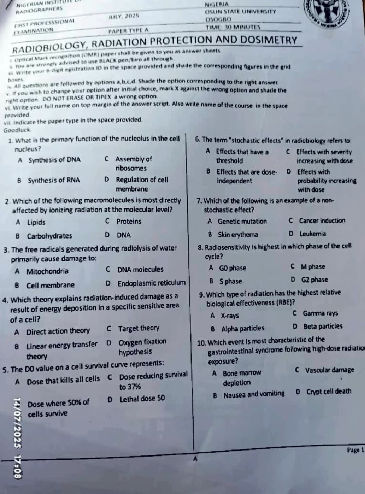 RBG 2025: Radiobiology & Radiation Protection Exam Paper Type A - Studocu