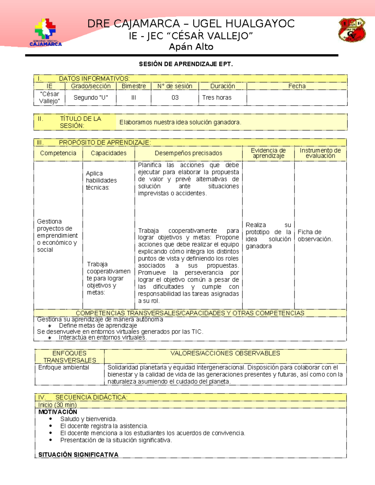 DRE CAJAMARCA UGEL HUALGAYOC: Sesión de Aprendizaje 2do Grado - Studocu