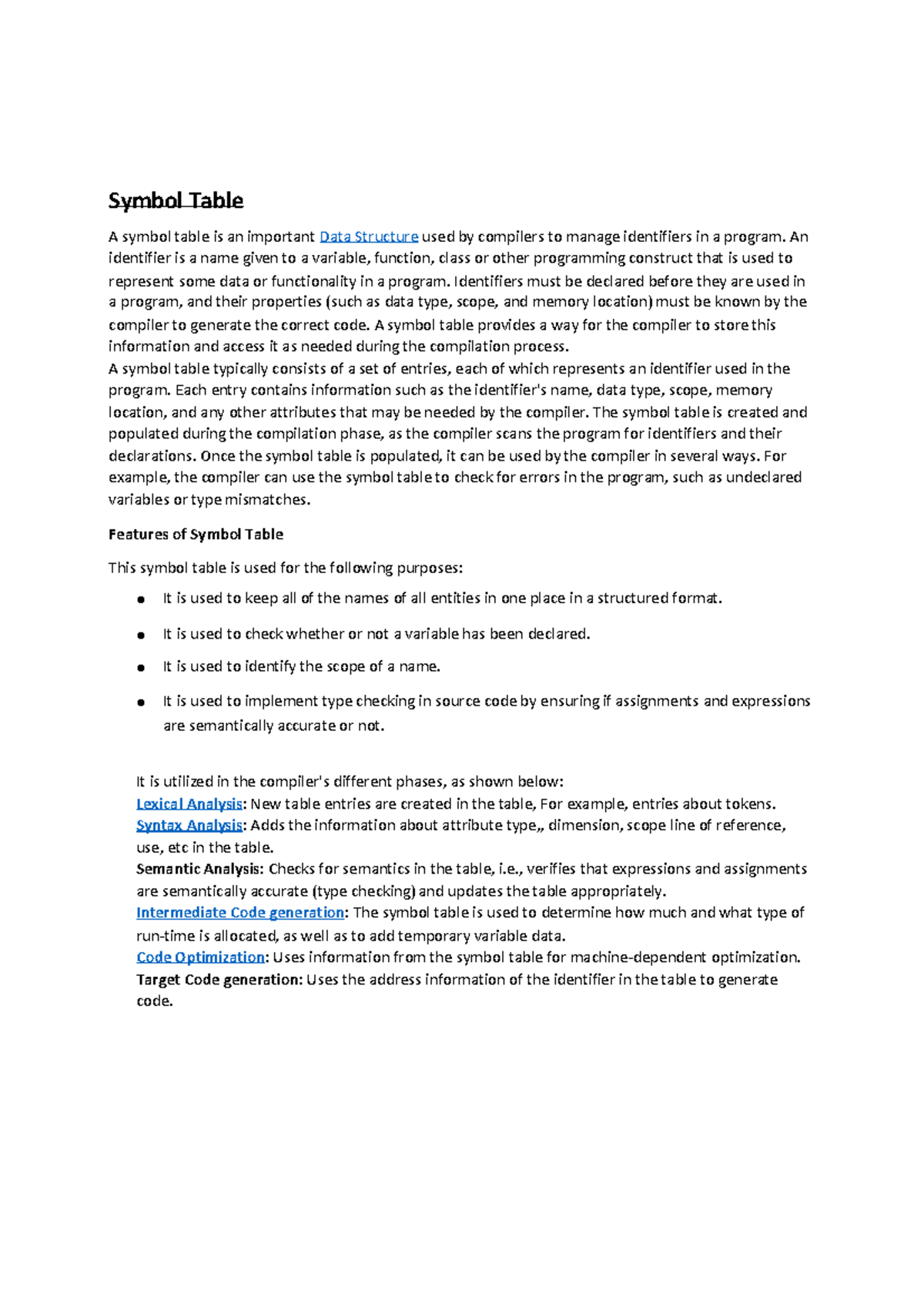 Unit 4 Compiler Design: Symbol Table Notes and Functions - Studocu