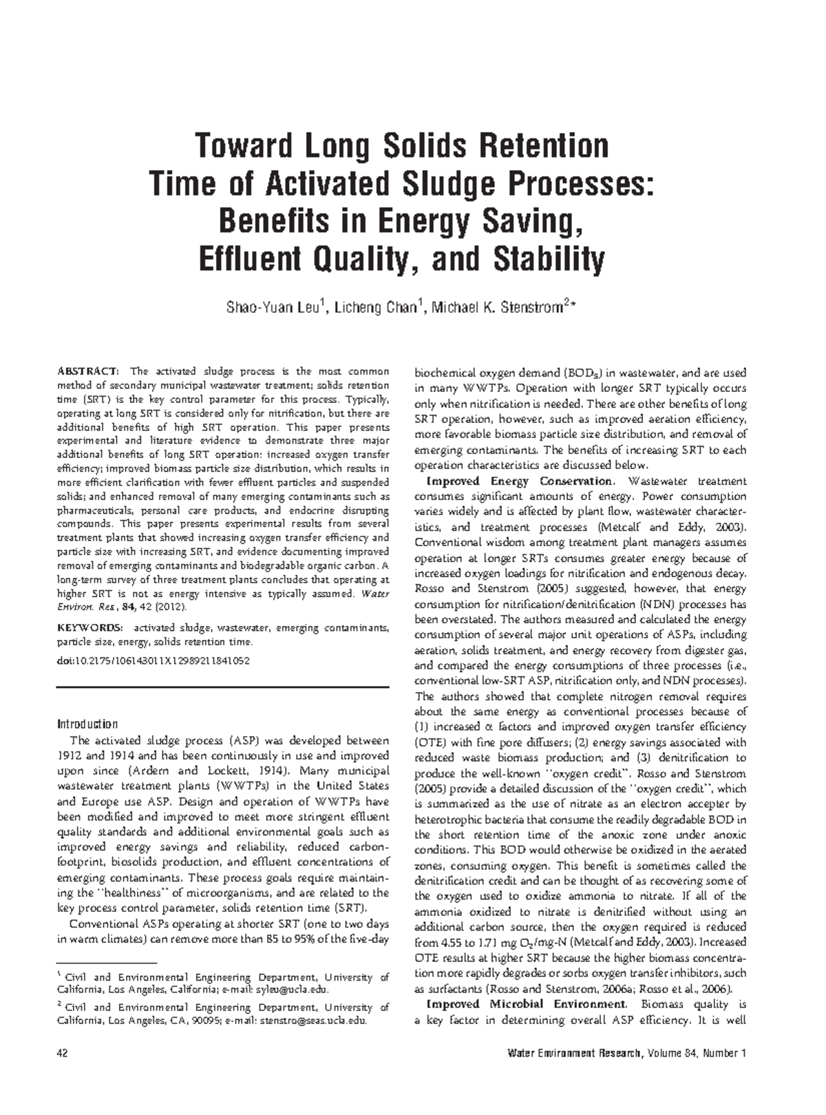 Benefits of Long Solids Retention Time in Wastewater Treatment (ENG 501 ...