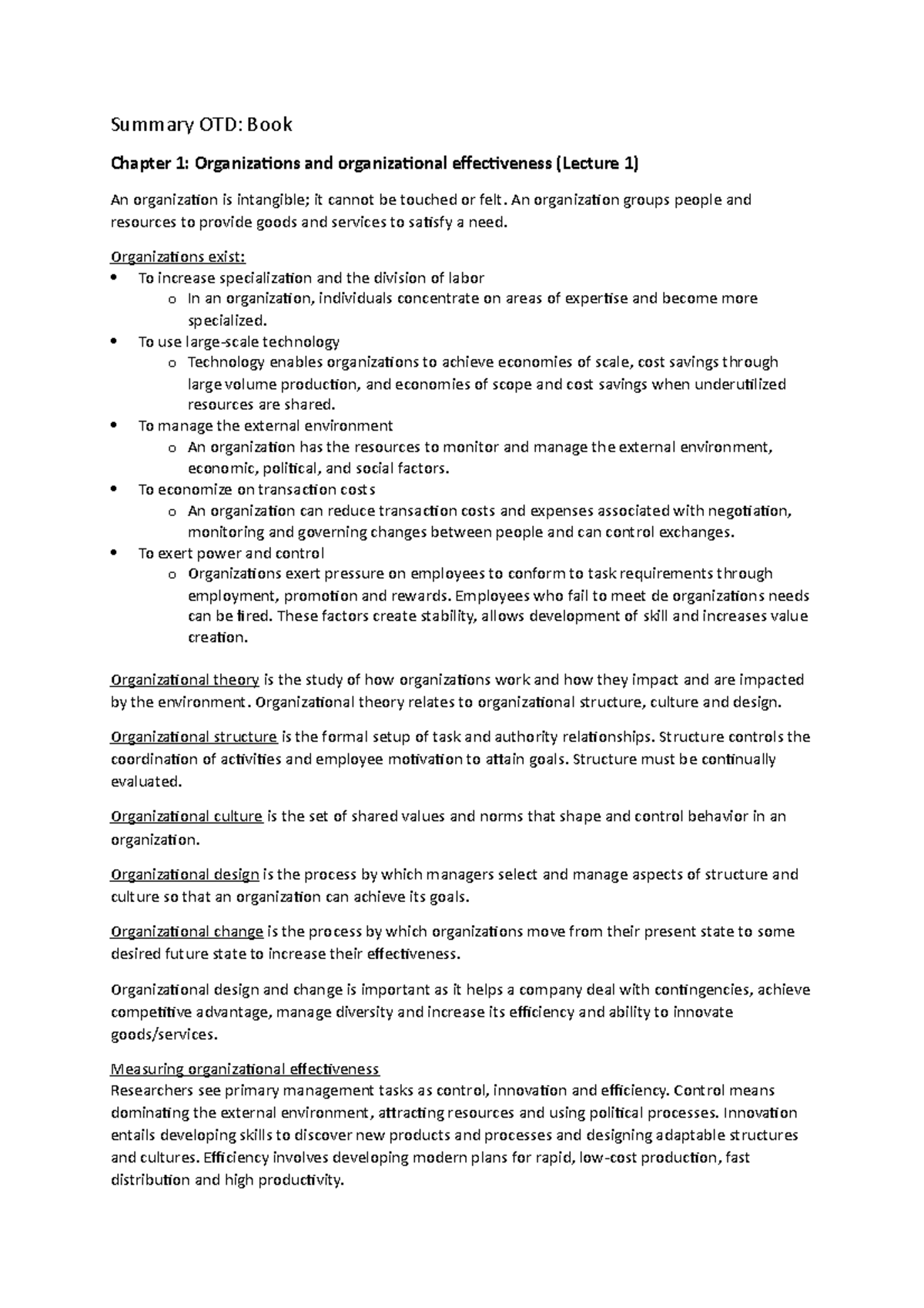 OTD - Summary of Organization Theory & Design for Pre-MSc (Chapter 1-5 ...