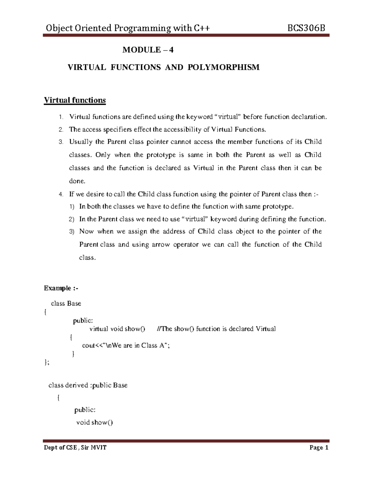 C++ Module 4 Notes: Virtual Functions and Polymorphism Concepts - Studocu