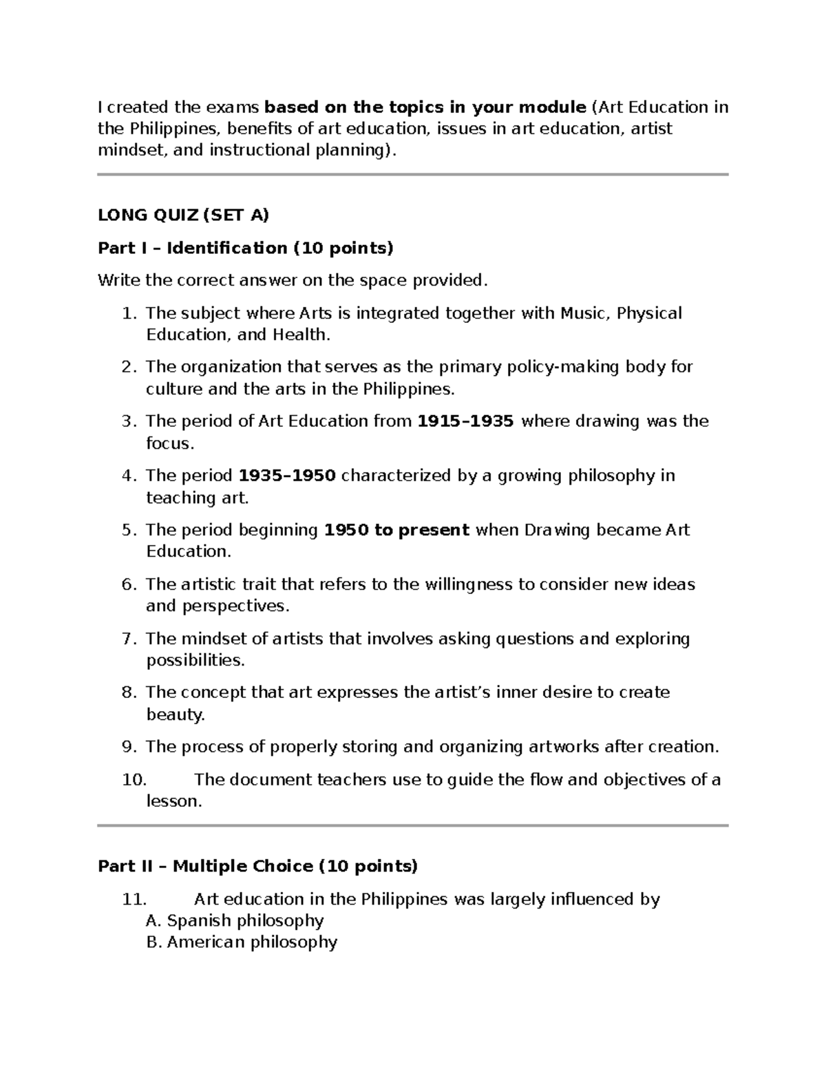ART 101: Midterm Exam - Long Quiz & Multiple Choice Questions - Studocu
