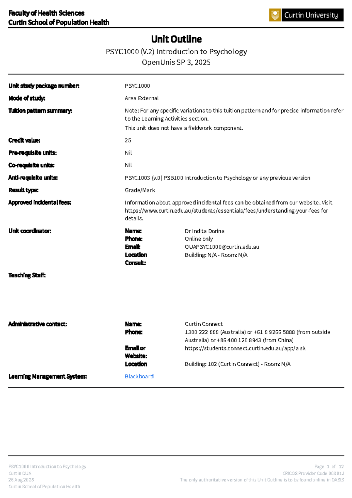 PSYC1000 Unit Outline: Introduction to Psychology - Open Unis SP 3 ...