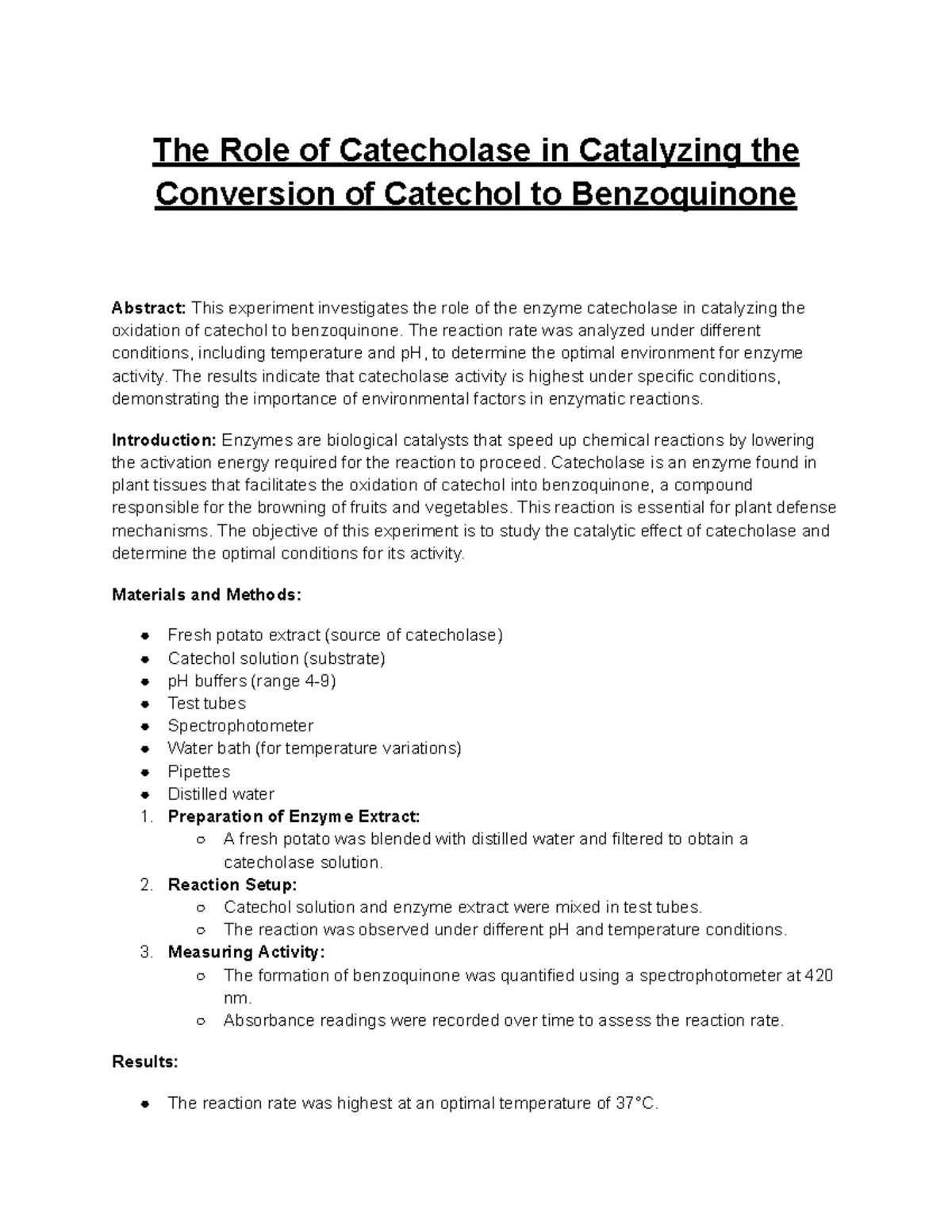 The Role of Catecholase in Converting Catechol to Benzoquinone: An ...