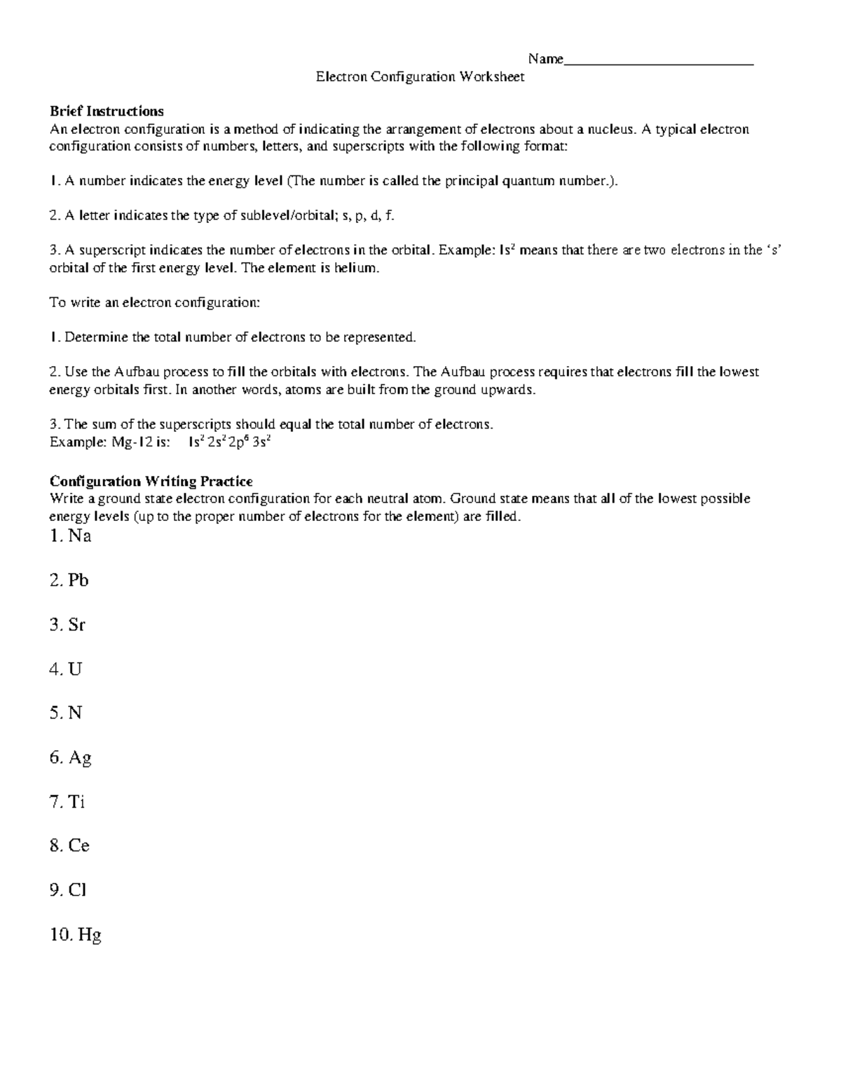 Electron Configuration Worksheet - Name_________________________ Electron Configuration ...