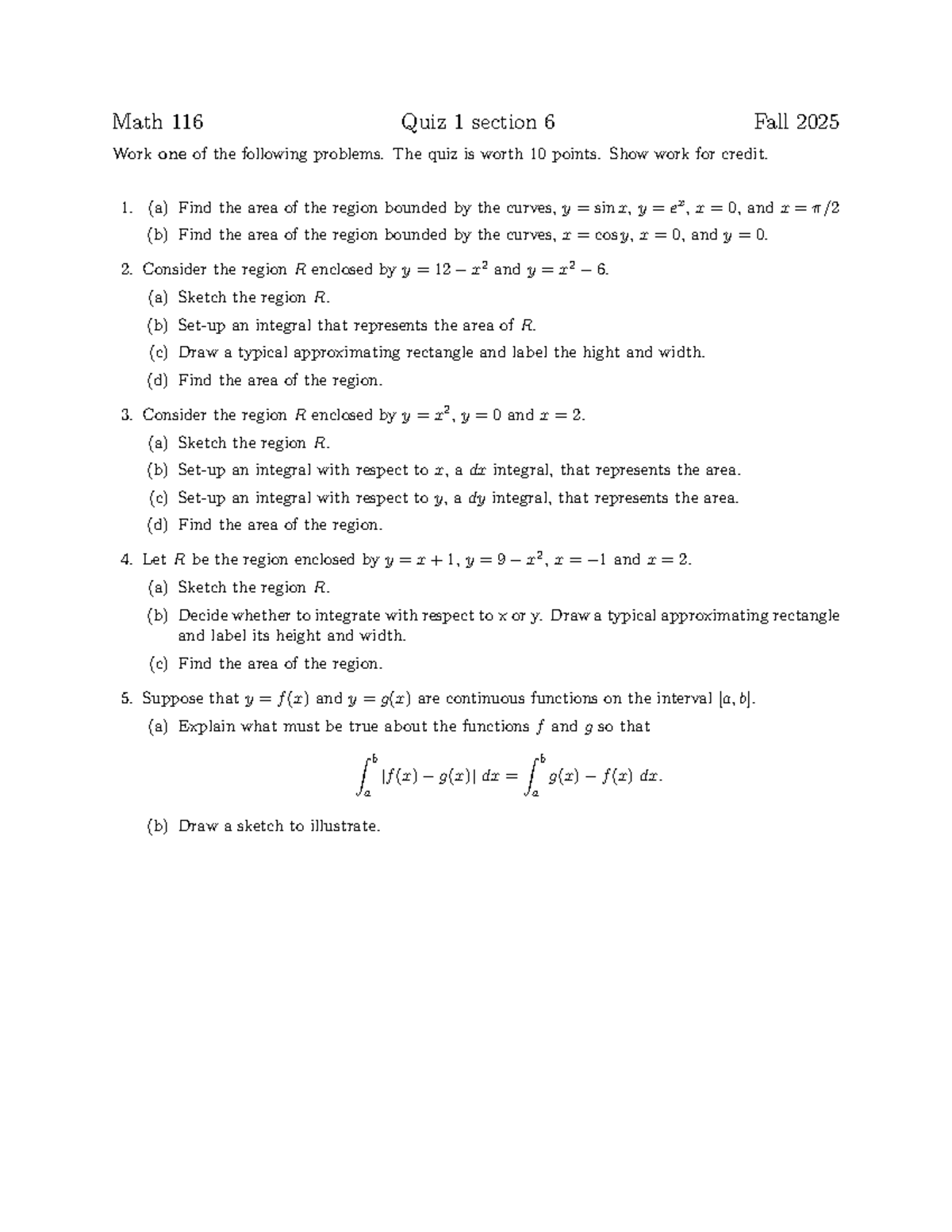 Math 116 Quiz 1: Area Problems and Integrals - Fall 2025 - Studocu