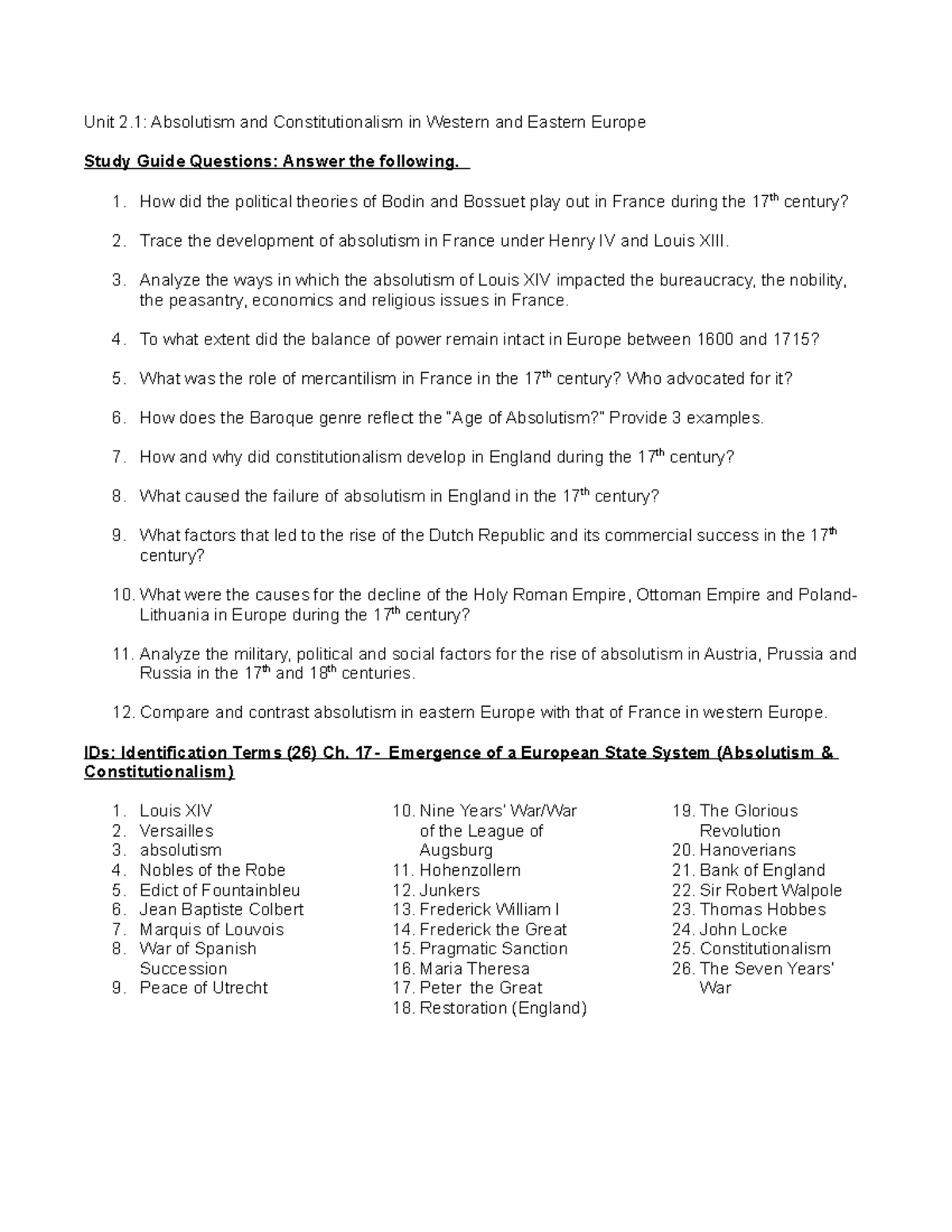 Absolutism & Constitutionalism Study Guide (Ch. 17) - Studocu