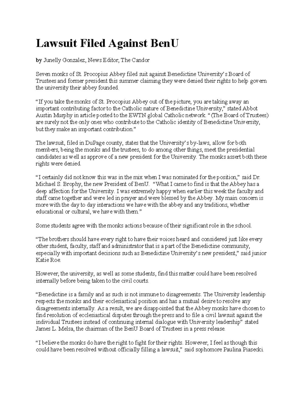 Lawsuit Against Benedictine University Board of Trustees: Key Issues ...