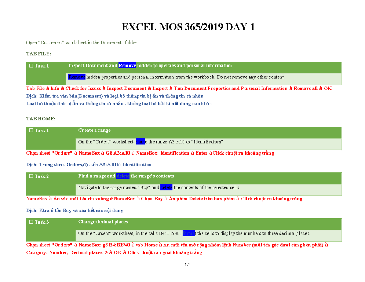 Các bước làm Excel Day 1 - EXCEL MOS 365/2019 DAY 1 Open “Customers” worksheet in the Documents ...