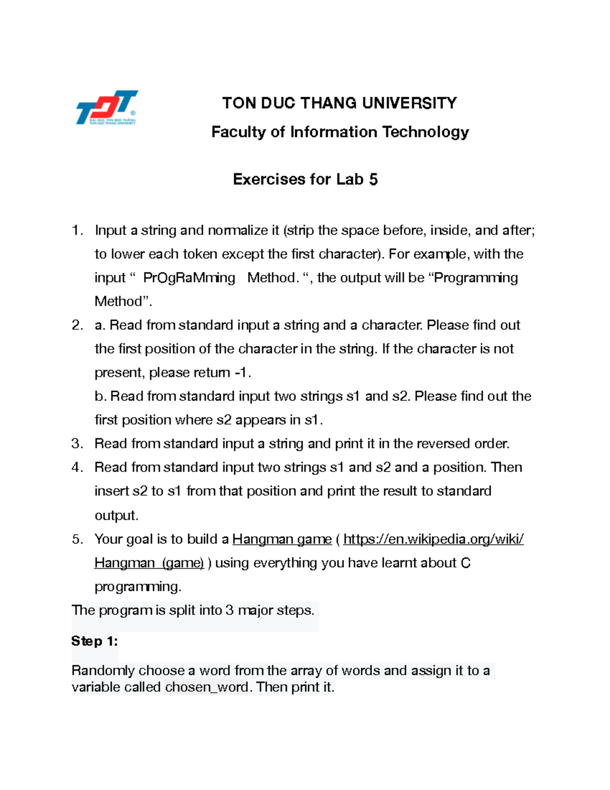 Lab5 Exercises - String Manipulation and Hangman Game Tasks - Studocu