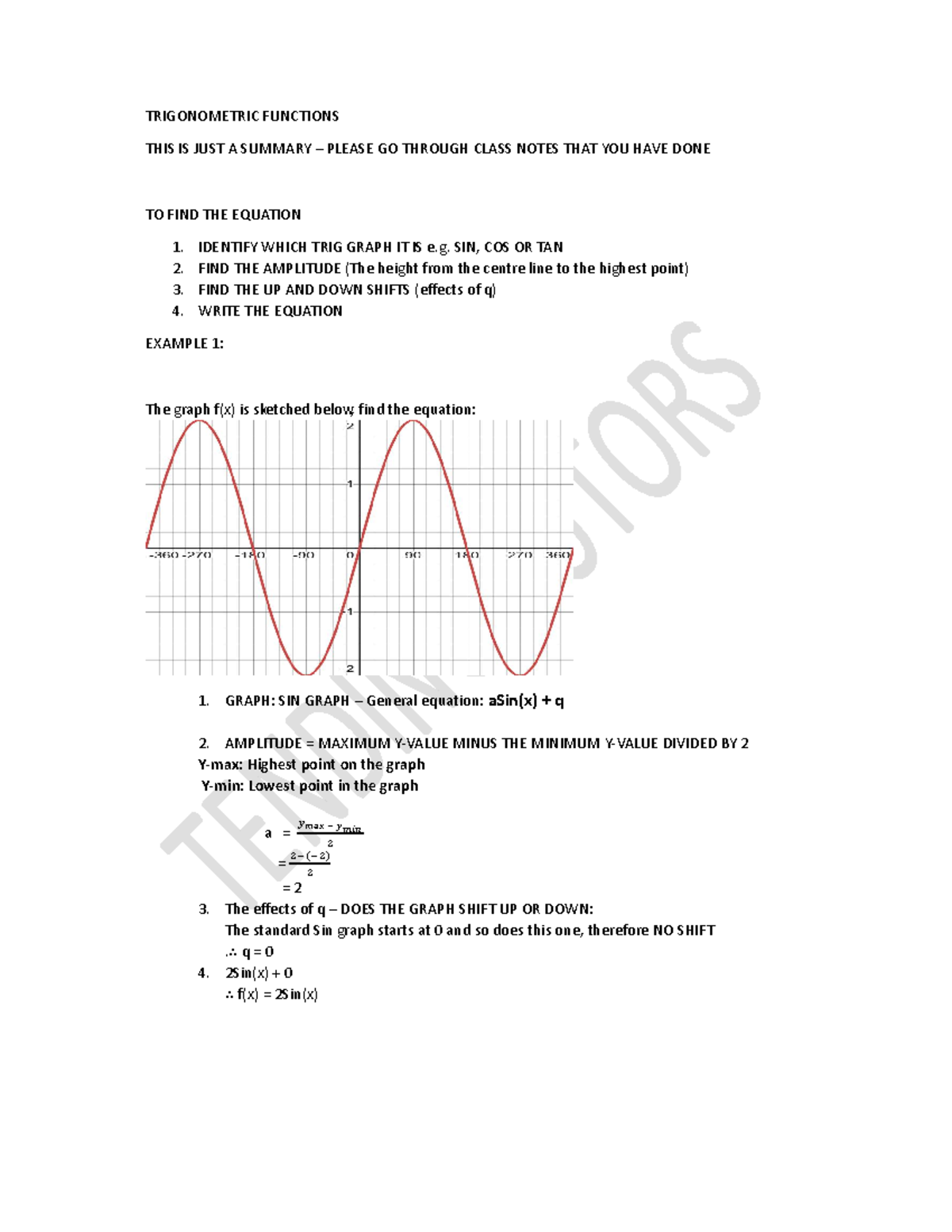 TRIG 101: Summary of Trigonometric Functions and Graphs - Studocu