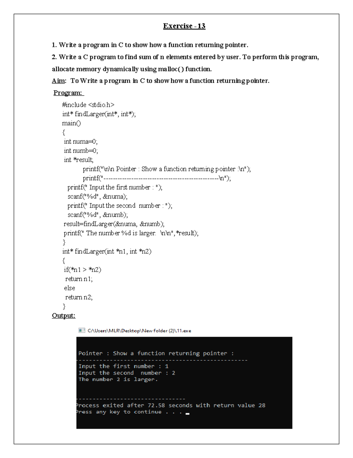 C-Experiment-13: Function Returning Pointer & Dynamic Memory in C - Studocu