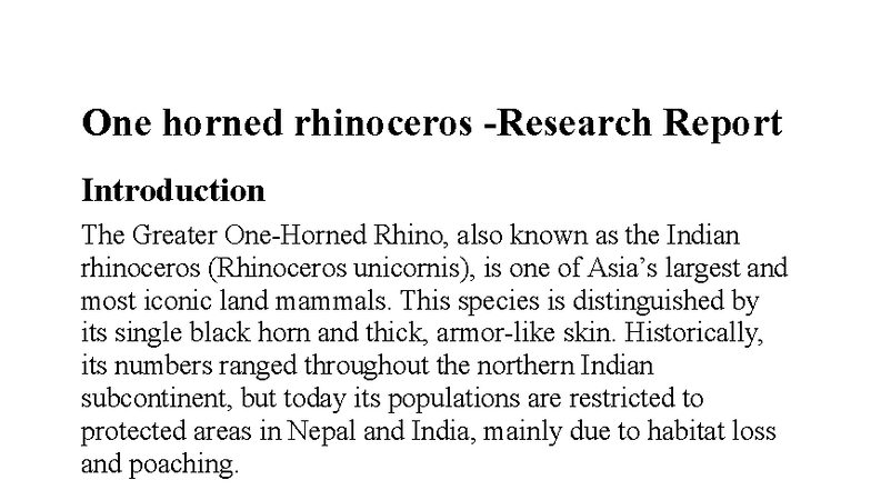 Greater Rhino (Rhinoceros unicornis) Conservation Report - Studocu