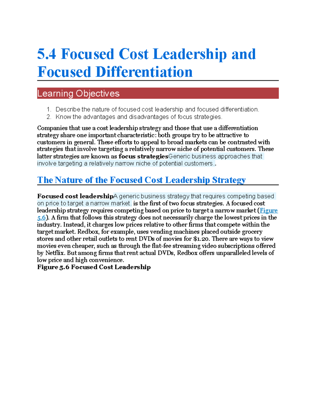 CH5.4 - Focused Cost Leadership vs. Differentiation Strategies - Studocu