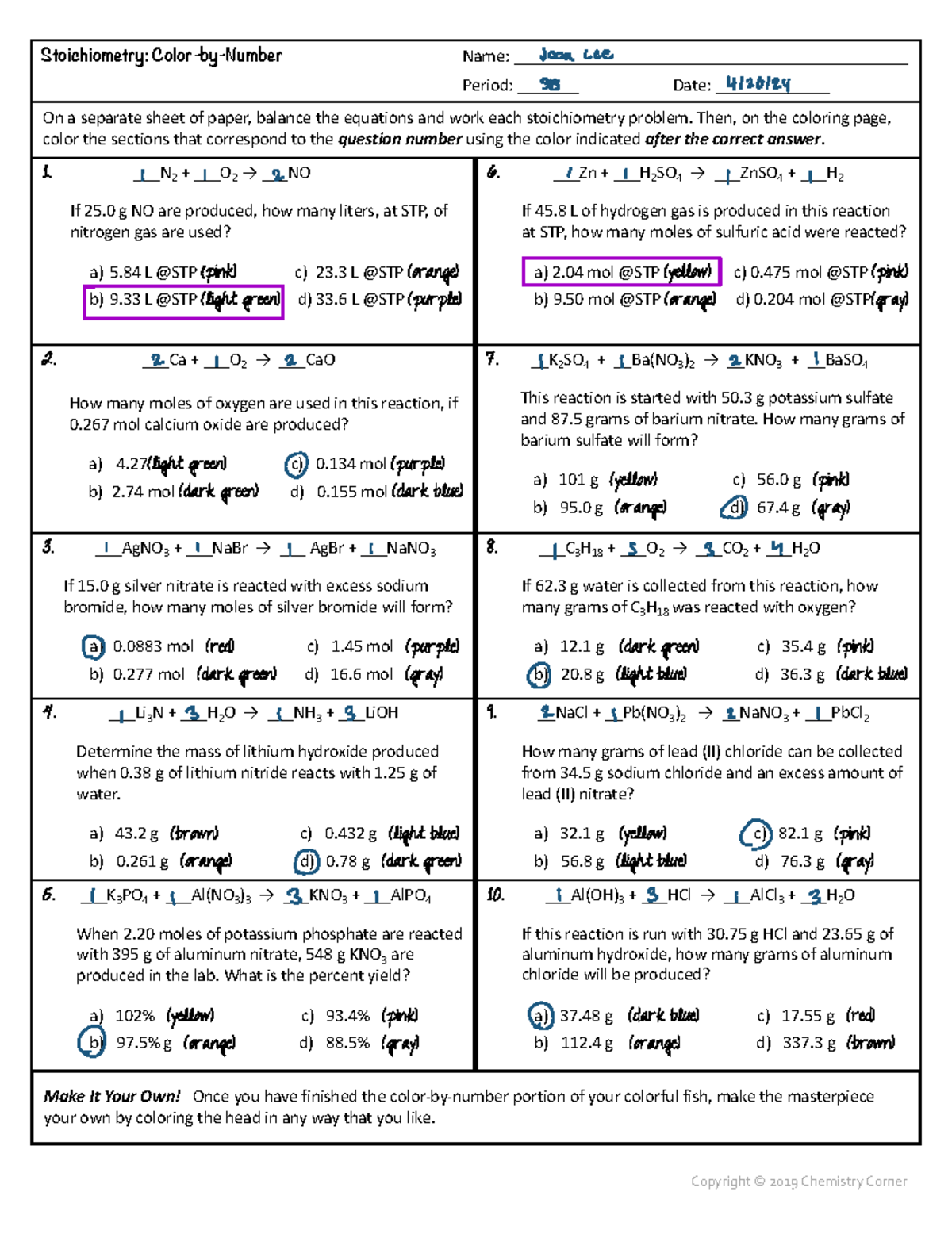 WS 12.5 - Stoichiometry Color-by-Number Worksheet - Studocu