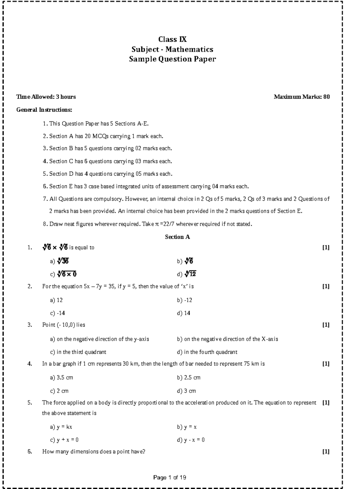 Class IX Mathematics Sample Question Paper - Practice Set - Studocu