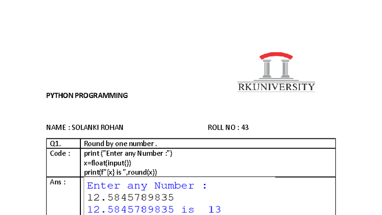 PYTHON PROGRAMMING ASSIGNMENT - SOLANKI ROHAN (ROLL NO: 43) - Studocu