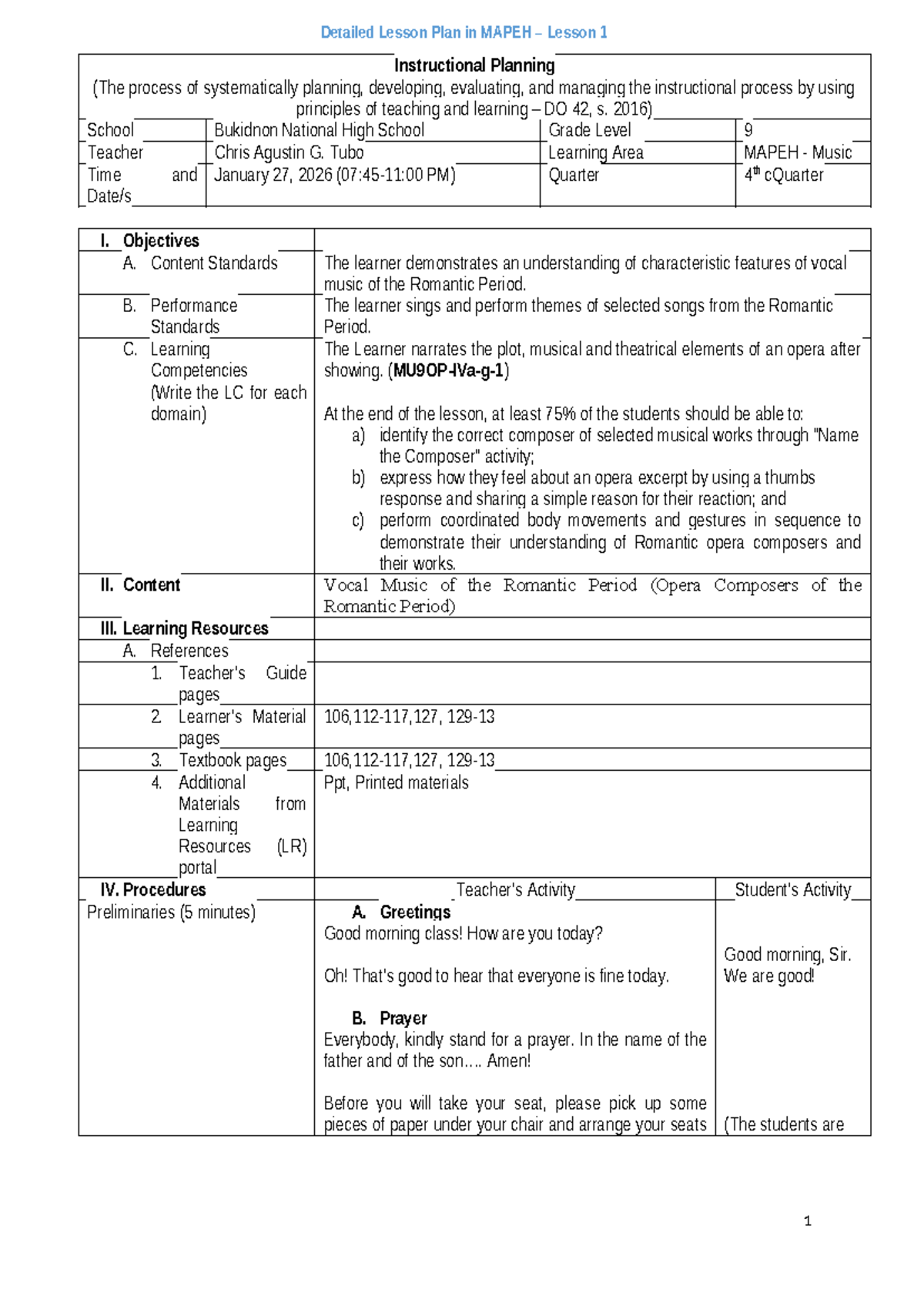 MAPEH 9: Detailed Lesson Plan on Vocal Music of the Romantic Period ...