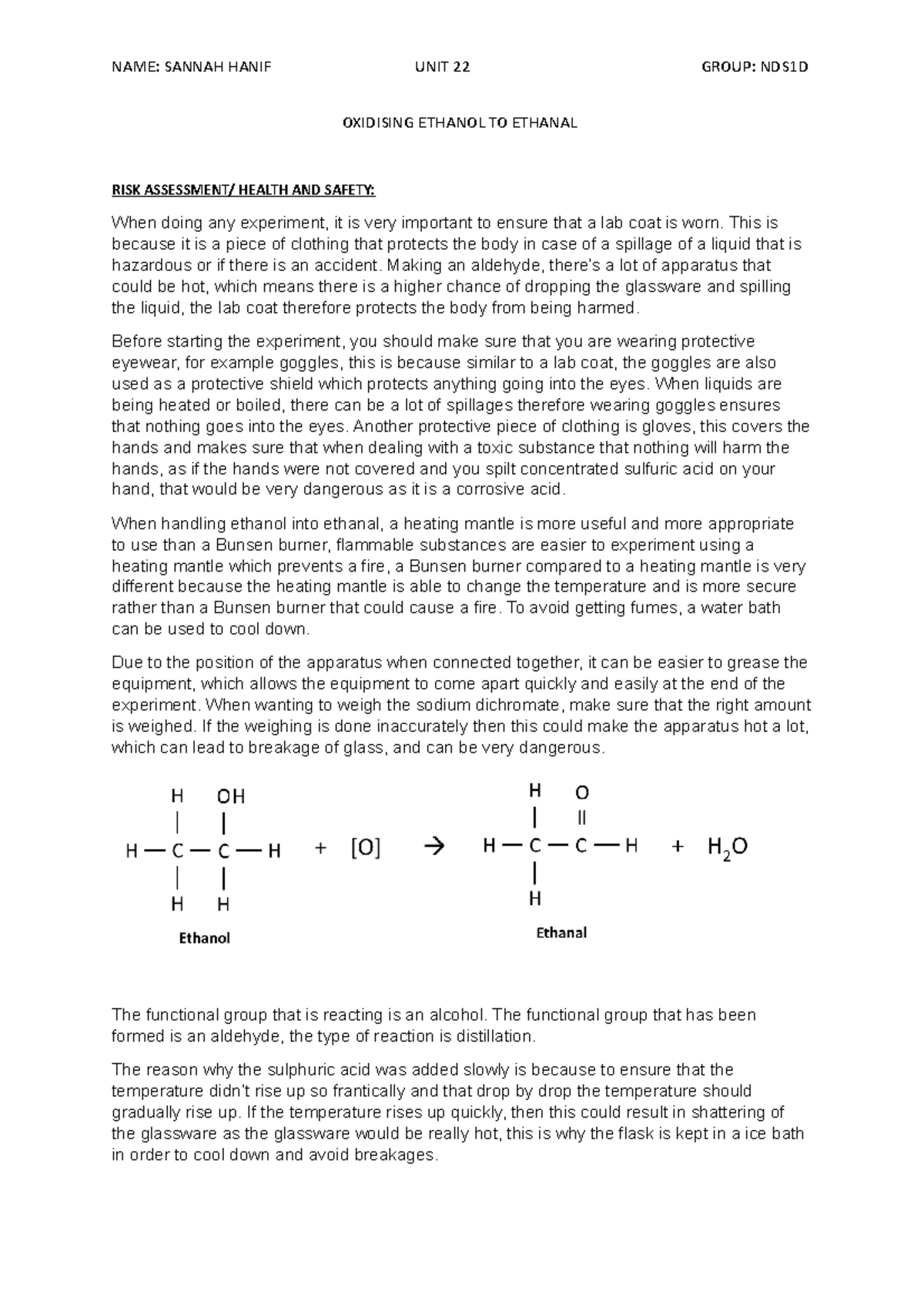 Final Exam: Oxidation of Ethanol to Ethanal - Safety & Procedures - Studocu