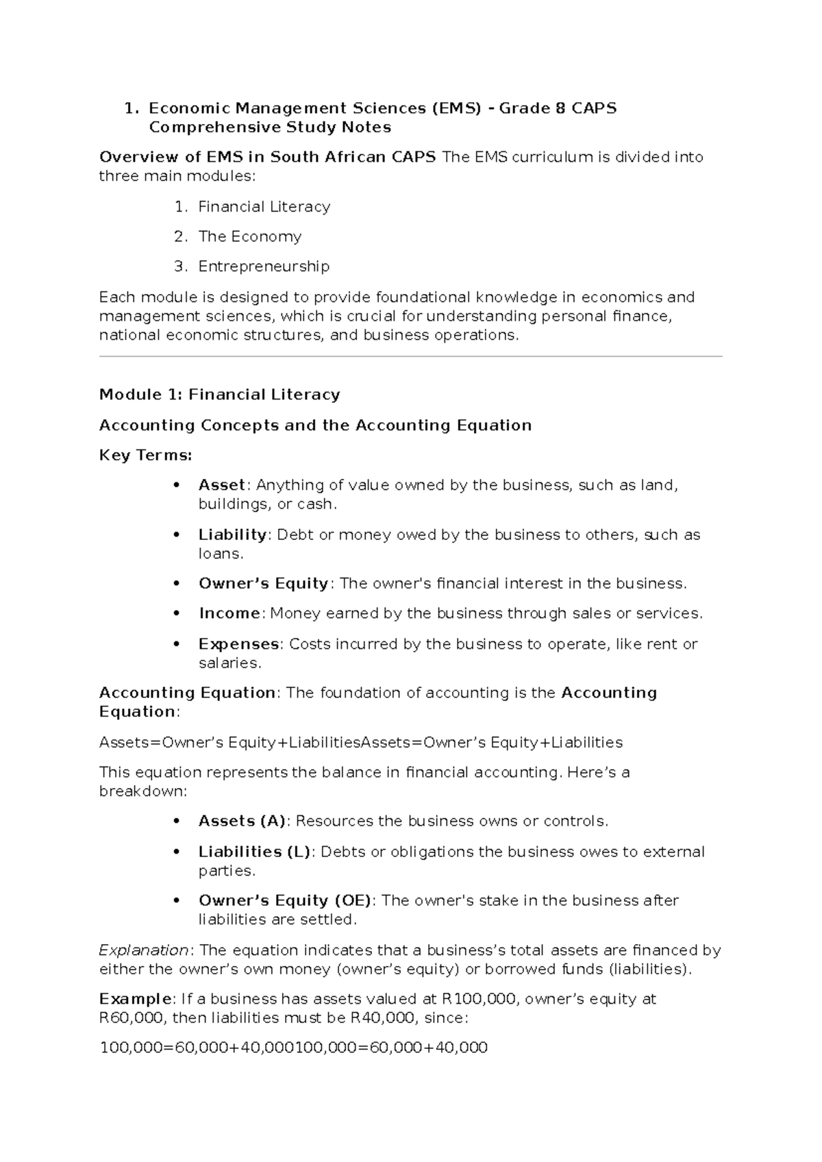 Economic Management Sciences (EMS) Grade 8 Study Notes Overview - Studocu