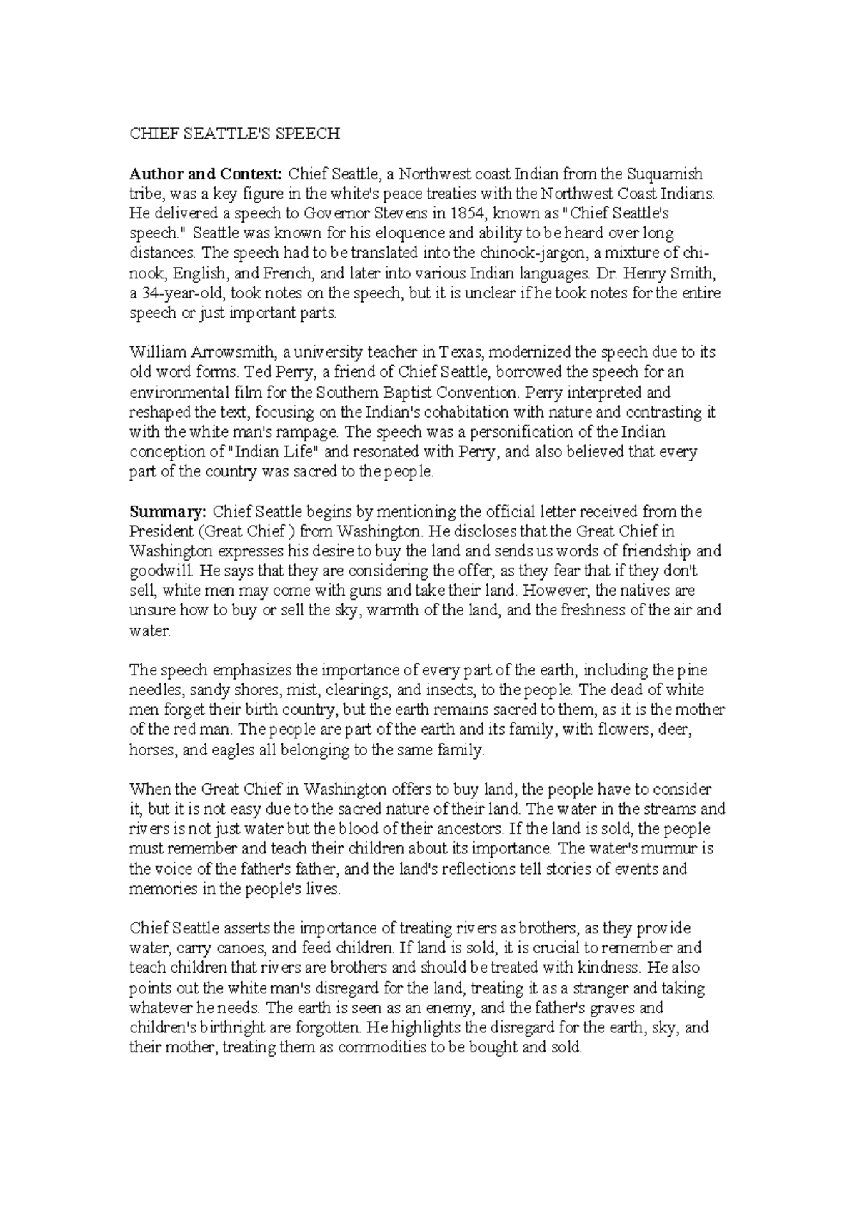 Chief Seattle's 1854 Speech: Reflections on Land and Nature - Studocu