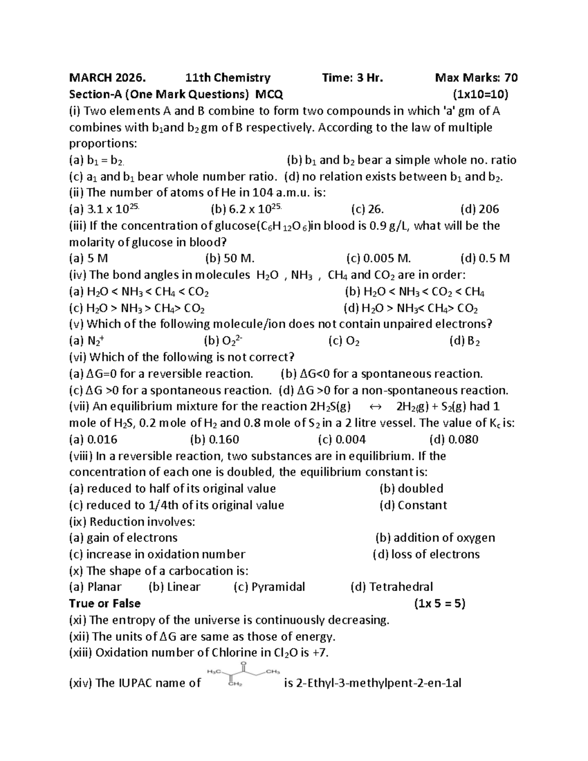 11th Chemistry Final Exam March 2026: MCQs & Short Answer Questions ...