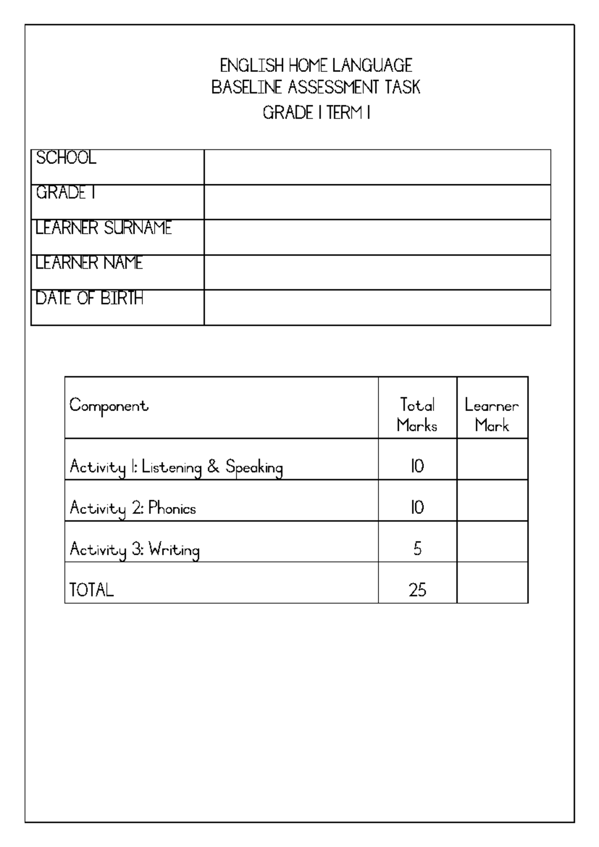 Baseline Assessment Task EHL Grade 1 Term 1 - ENGLISH HOME LANGUAGE ...