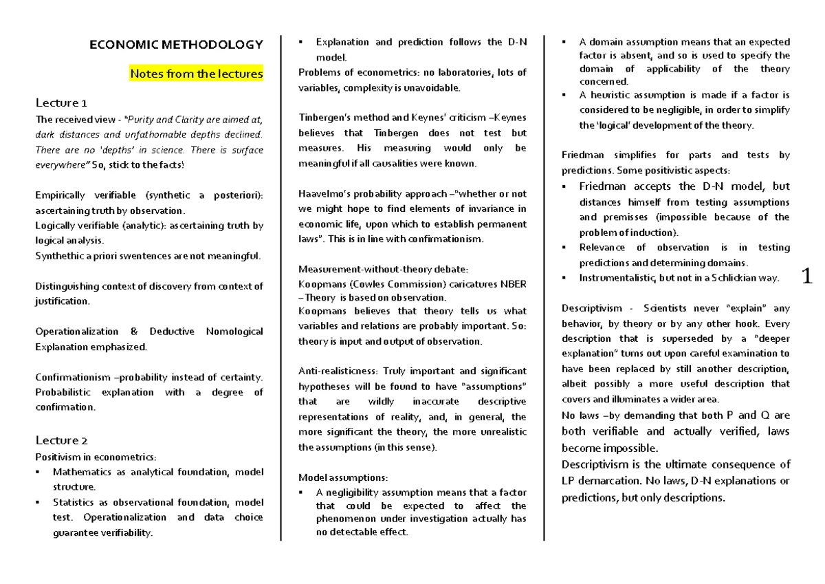 Economic Methodology Lecture and Book Notes - 1 ECONOMIC METHODOLOGY ...