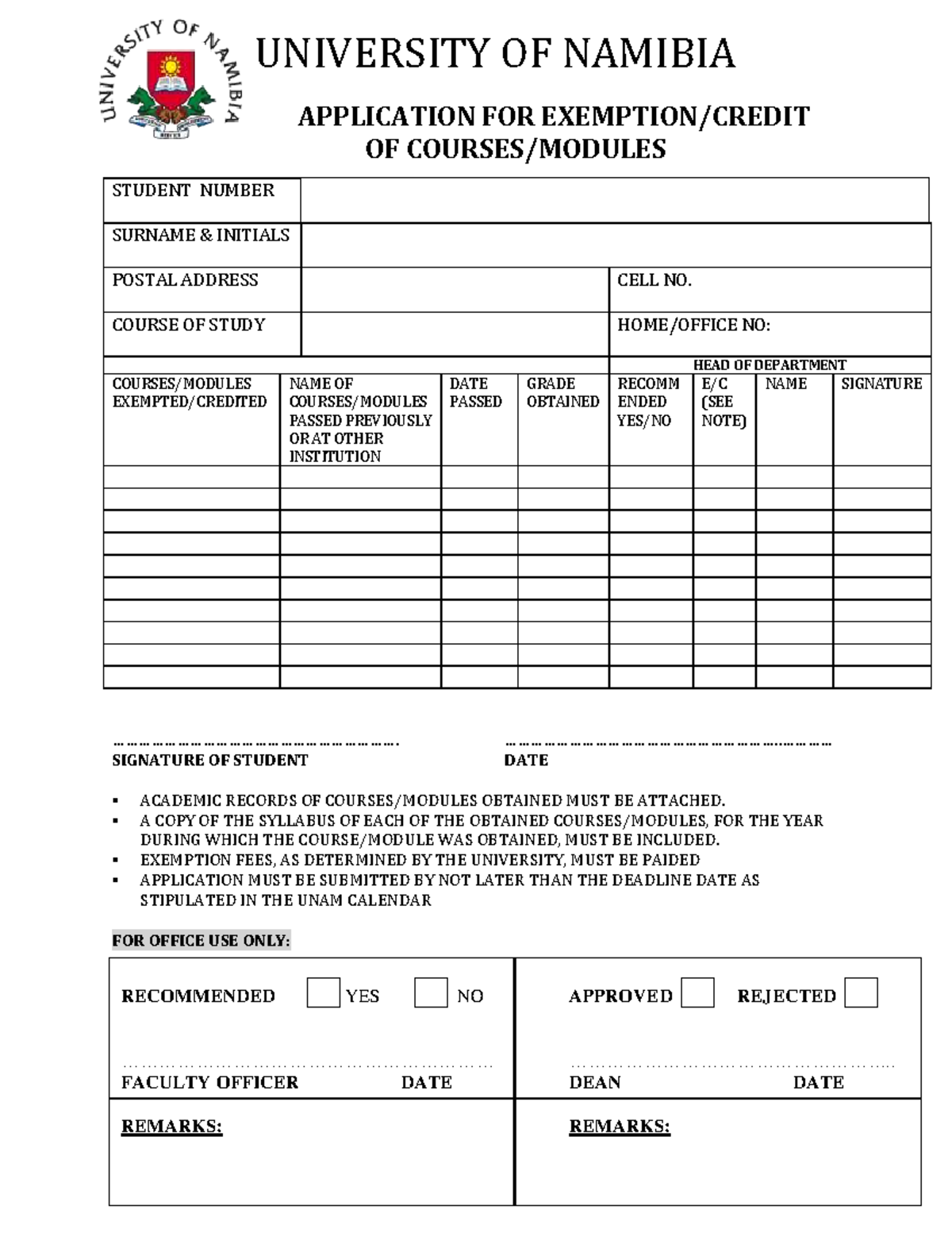 UNAM Exemption Form - Materials Course Application - Studocu