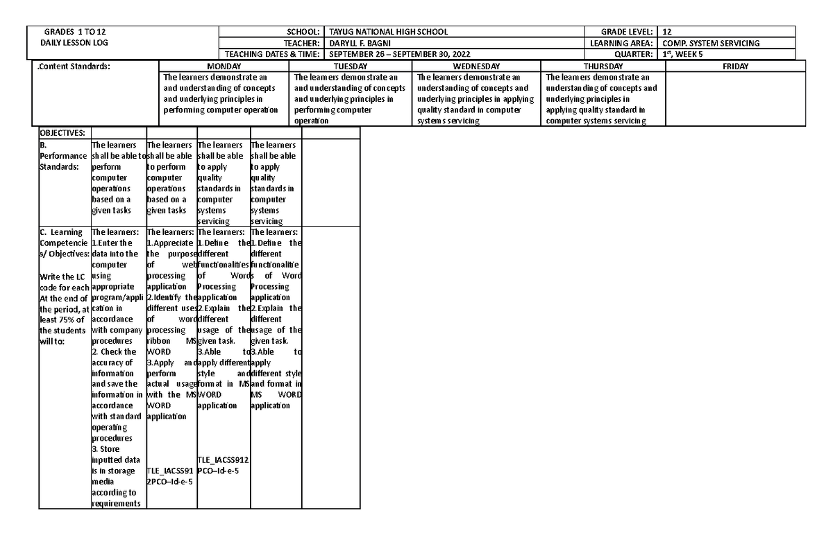 CSS DLL Q1 WEEK 5 - Daily Lesson Log and Teaching Strategies - Studocu