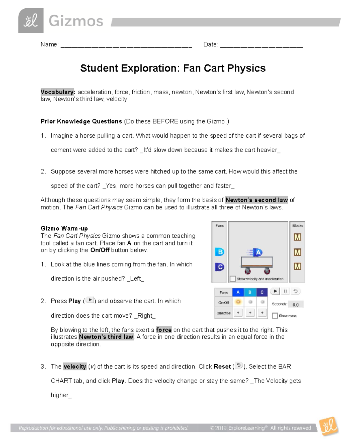 Fan Cart Physics SE - Gizmo Exploration Activity Guide - Studocu