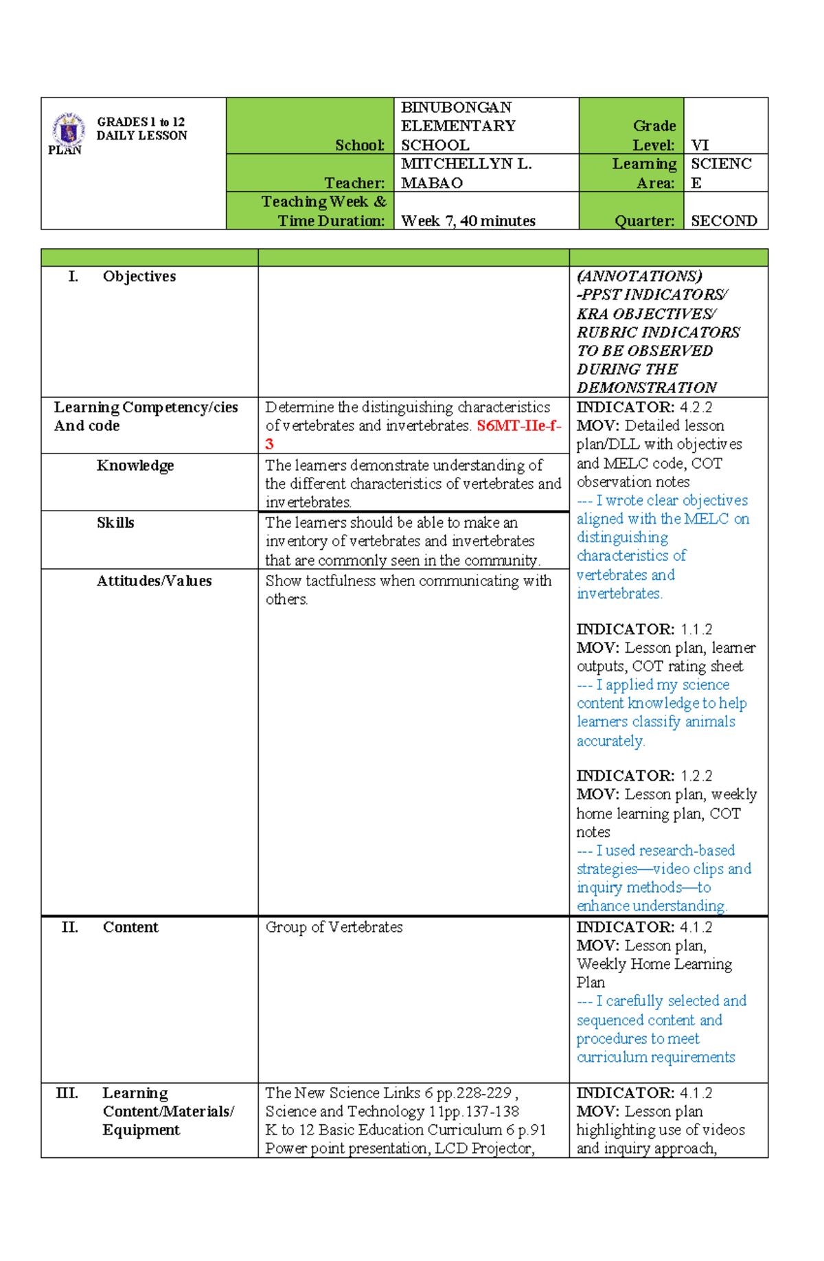 2ND Q - Grade 6 Science Lesson Plan: Vertebrates vs. Invertebrates ...