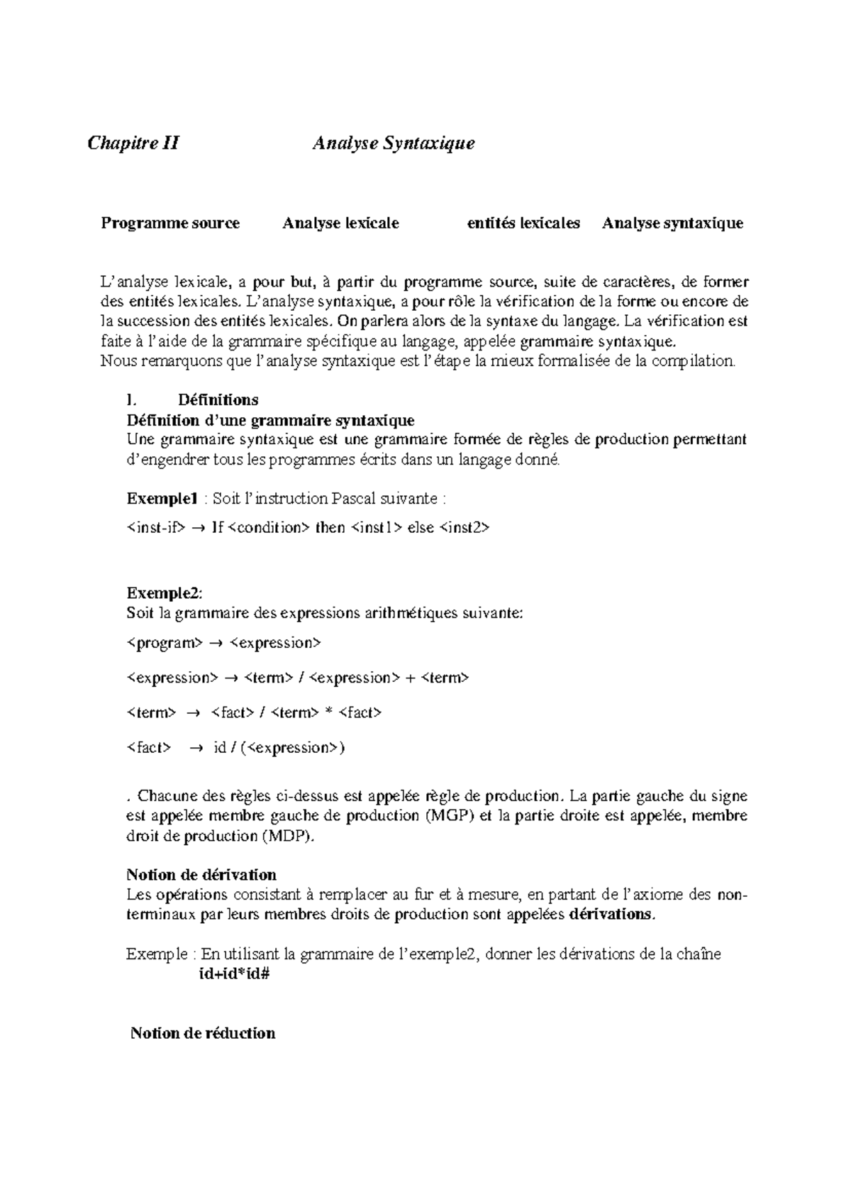 Chapitre II - Analyse Syntaxique et Lexicale - Cours USTHB - Studocu