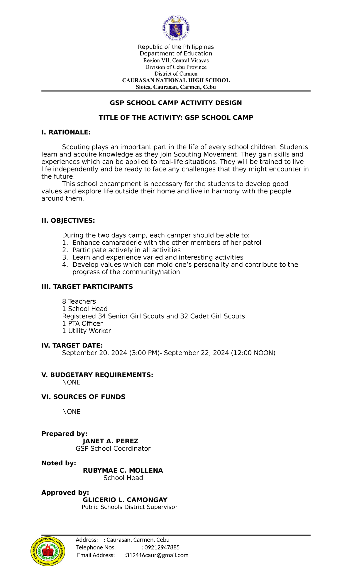 GSP Activity Proposal: School Camp Design for Girl Scouts (2024) - Studocu
