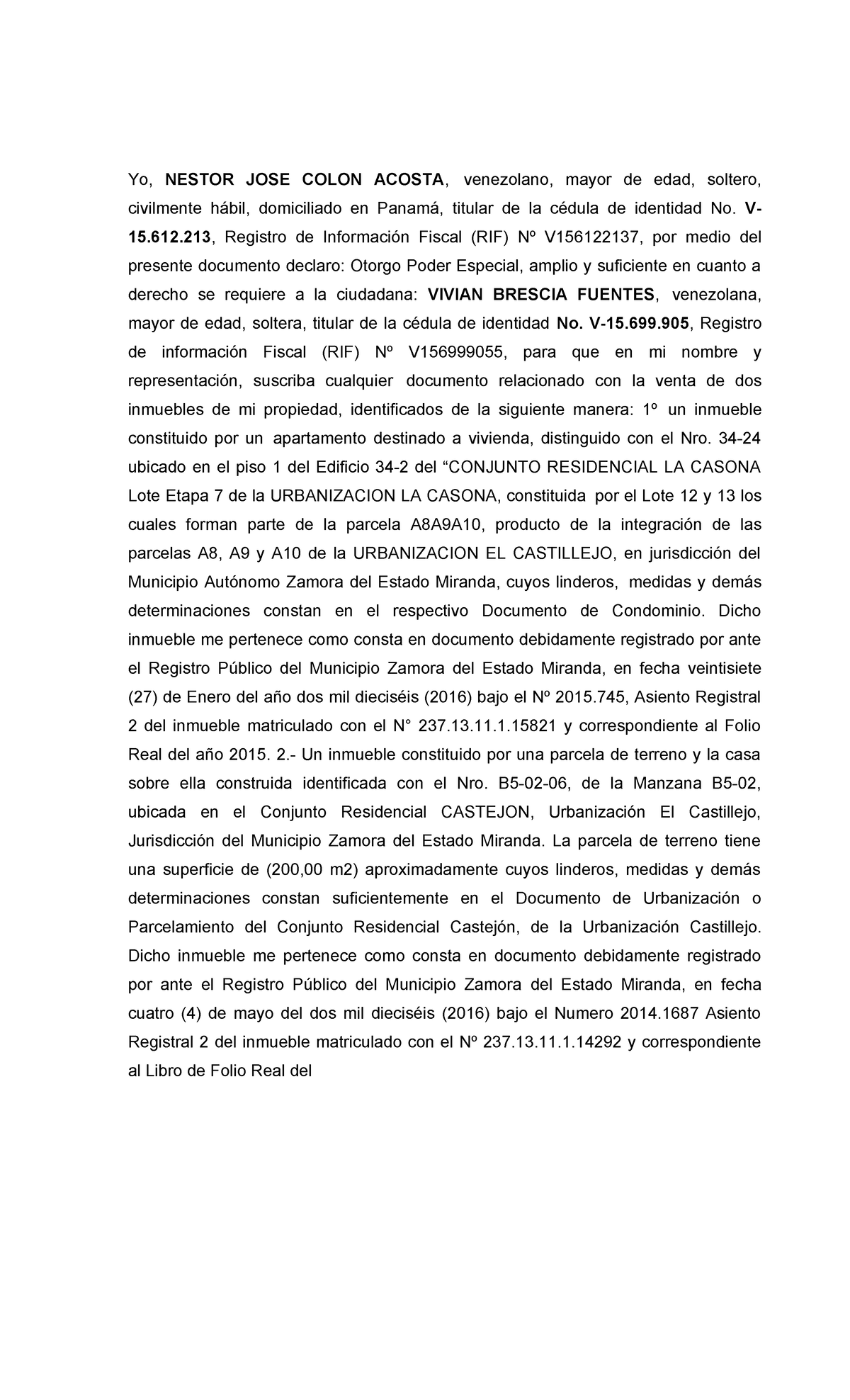 Poder Especial para la Venta de Inmuebles - NESTOR JOSE COLON ACOSTA ...