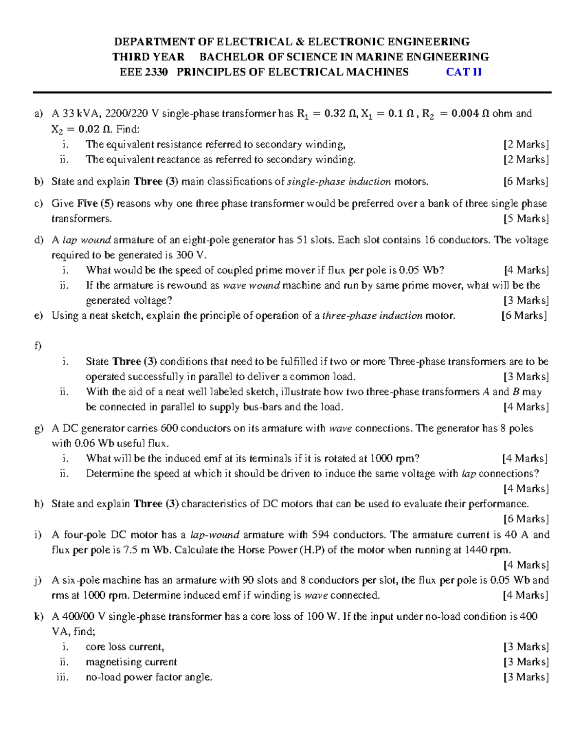 EEE 2330 Principles of Electrical Machines CAT II Study Guide - Studocu
