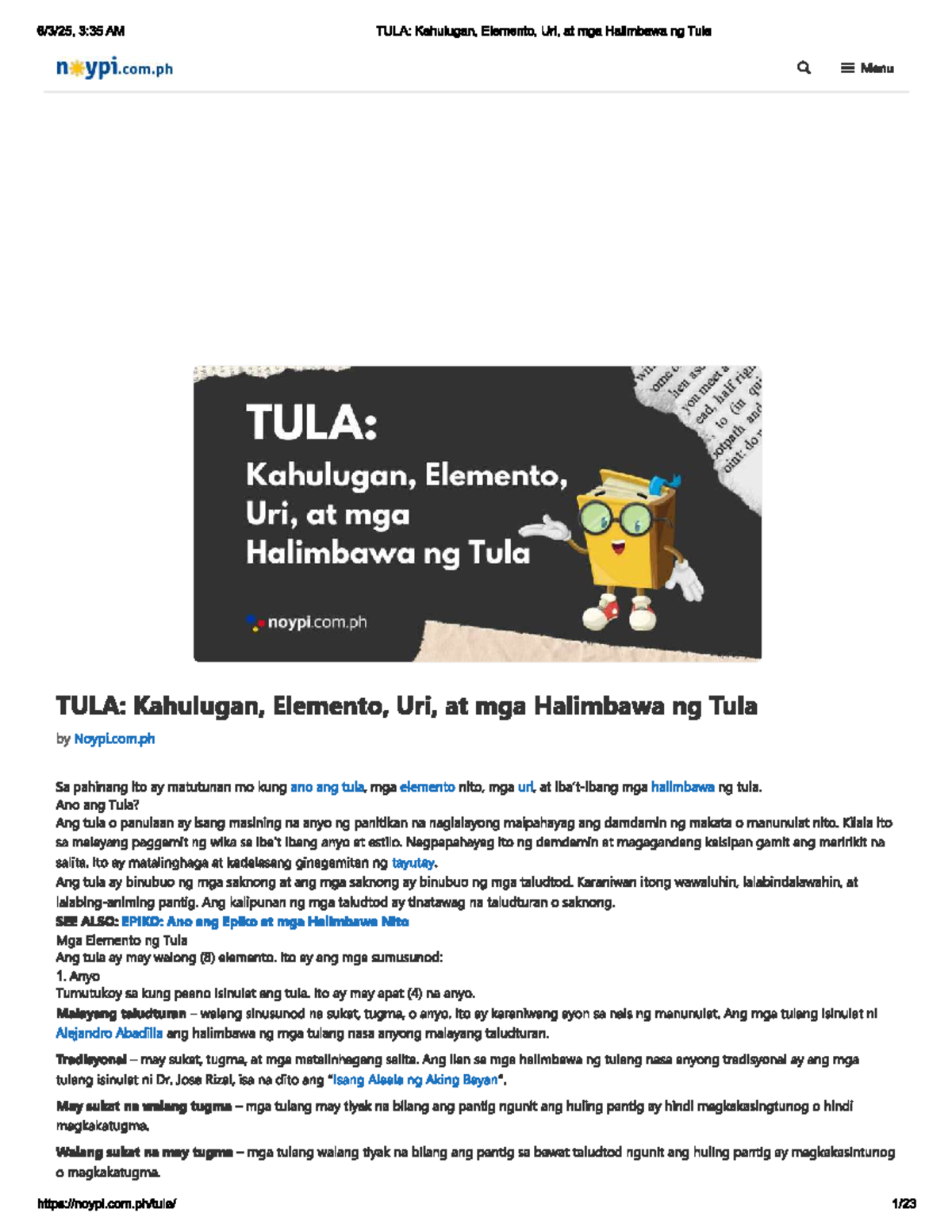 TULA: Kahulugan, Elemento, Uri, at mga Halimbawa ng Tula - Studocu