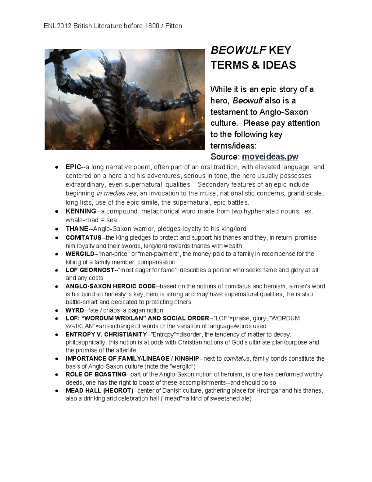 ENL2012 Beowulf: Key Terms & Concepts in Anglo-Saxon Epic - Studocu