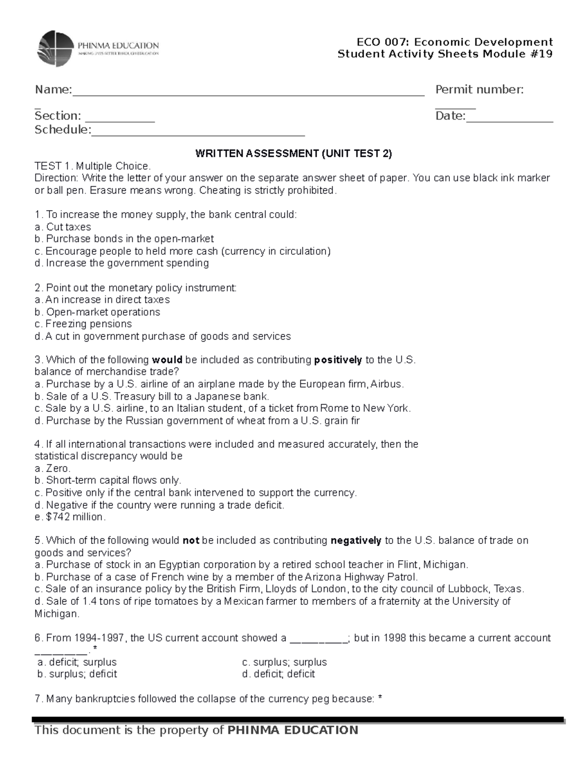 ECO 007 Unit Test 2 - Student Activity Sheets and Questions - Studocu