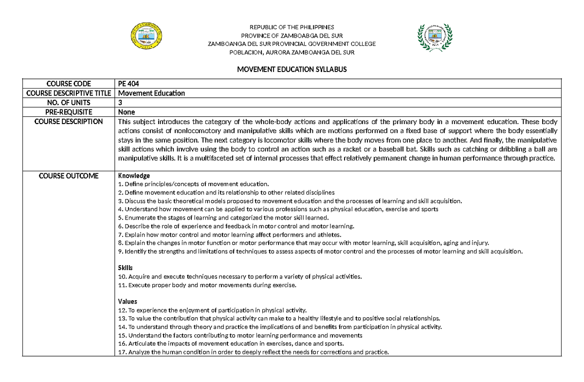 PE 404 Movement Education Syllabus: Course Content & Outcomes - Studocu