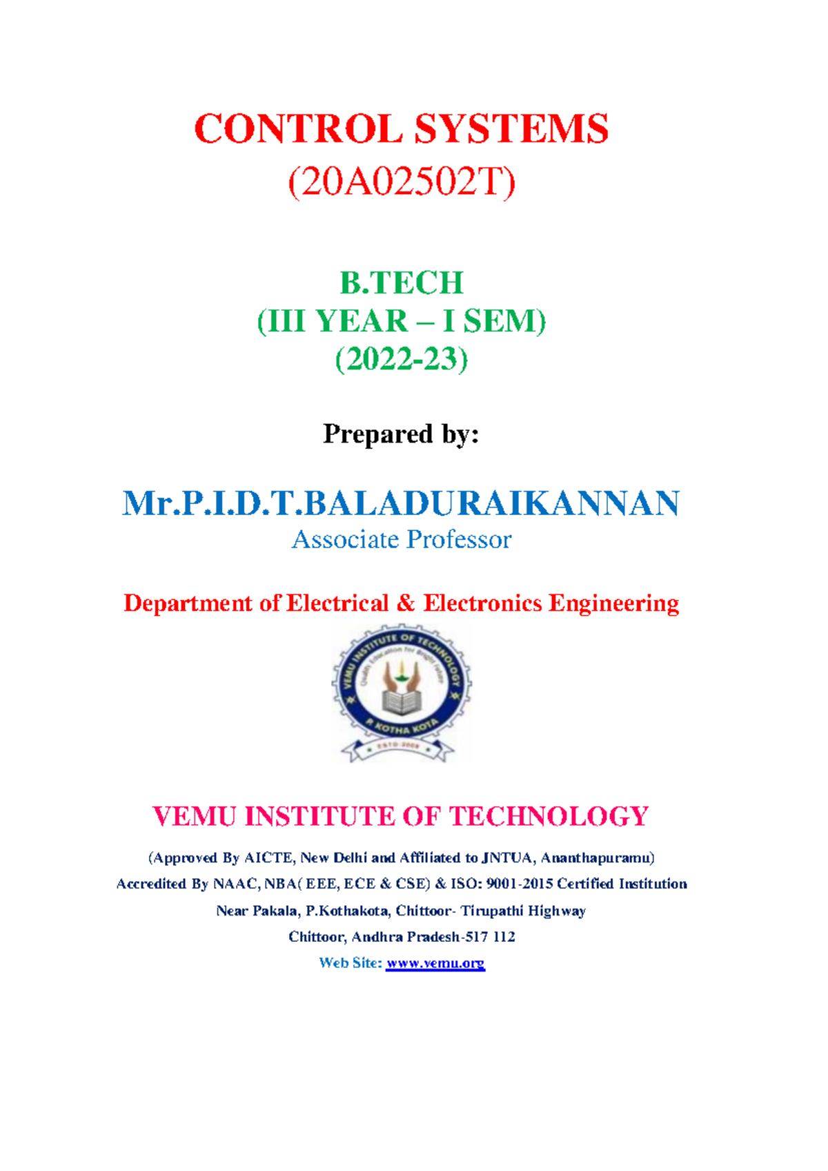 Control Systems Notes (20A02502T) - B.Tech III Year I Sem - Studocu