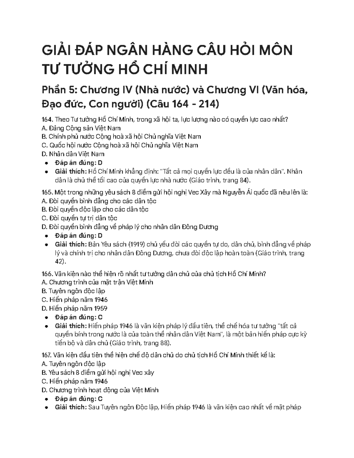 GIẢI ĐÁP CÂU HỎI MÔN TƯ TƯỞNG HỒ CHÍ MINH Phần 5: Câu 164-214 - Studocu