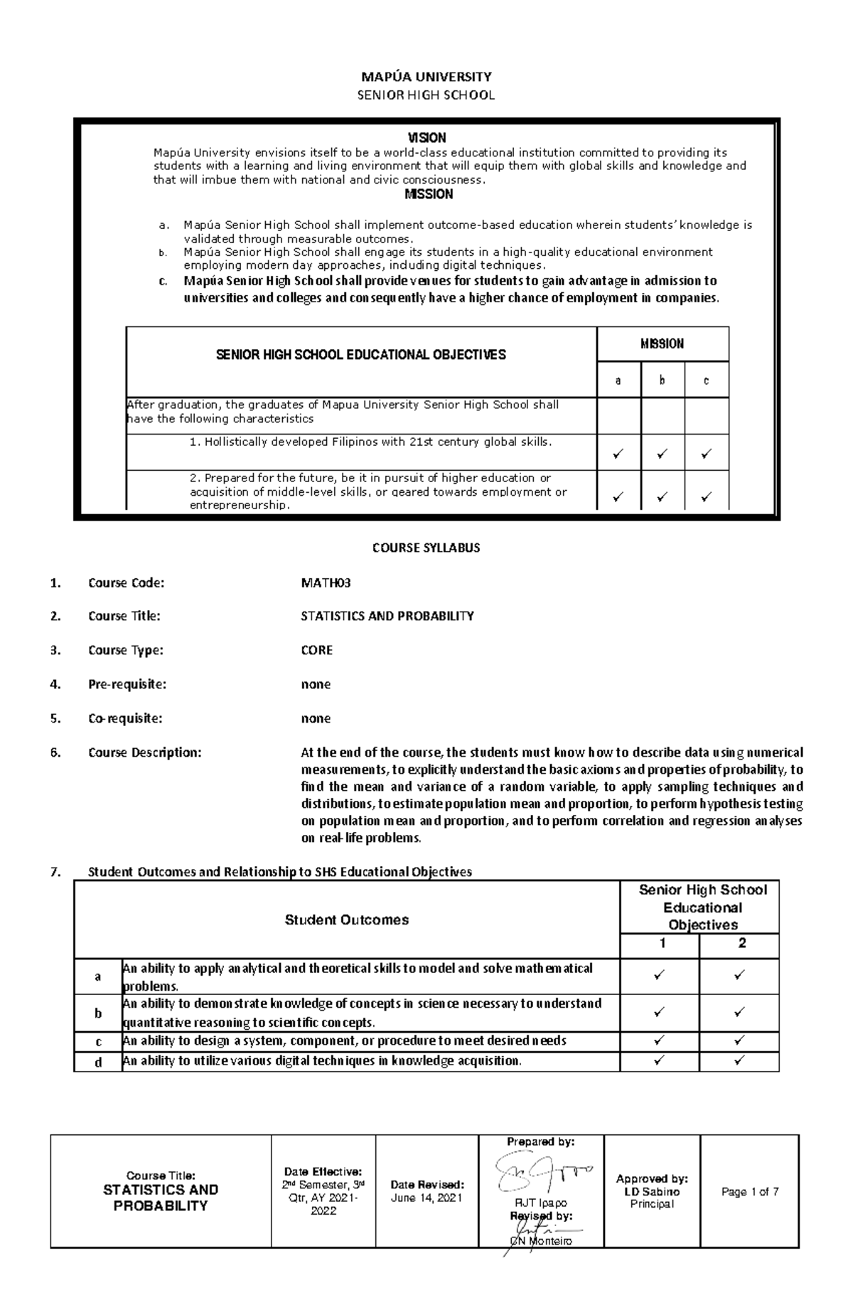MATH03 (Statistics and Probability) Syllabus - Course Title: STATISTICS ...