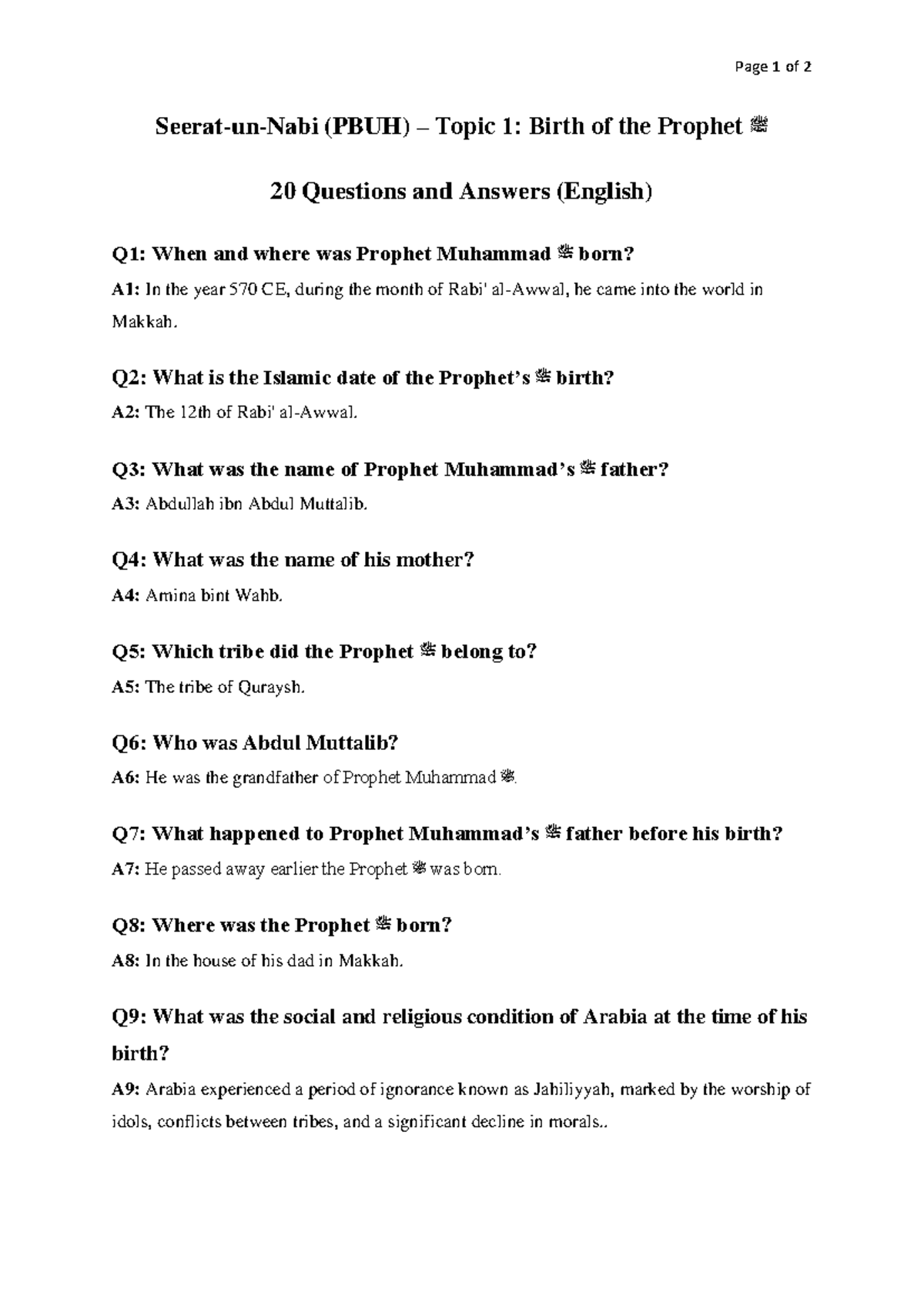 PBUH Seerat Topic 1: 20 Q&A on the Birth of Prophet Muhammad - Studocu