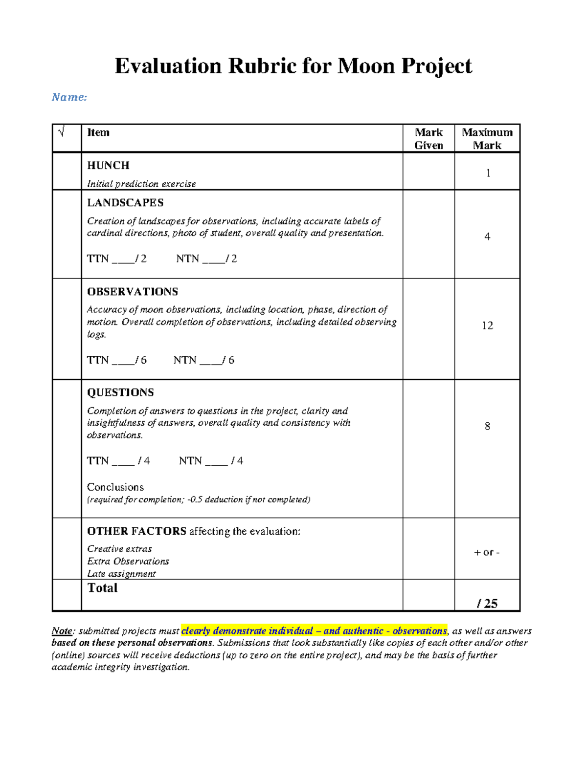 4a Moon Project Evaluation Rubric: Assessment Criteria and Marks - Studocu