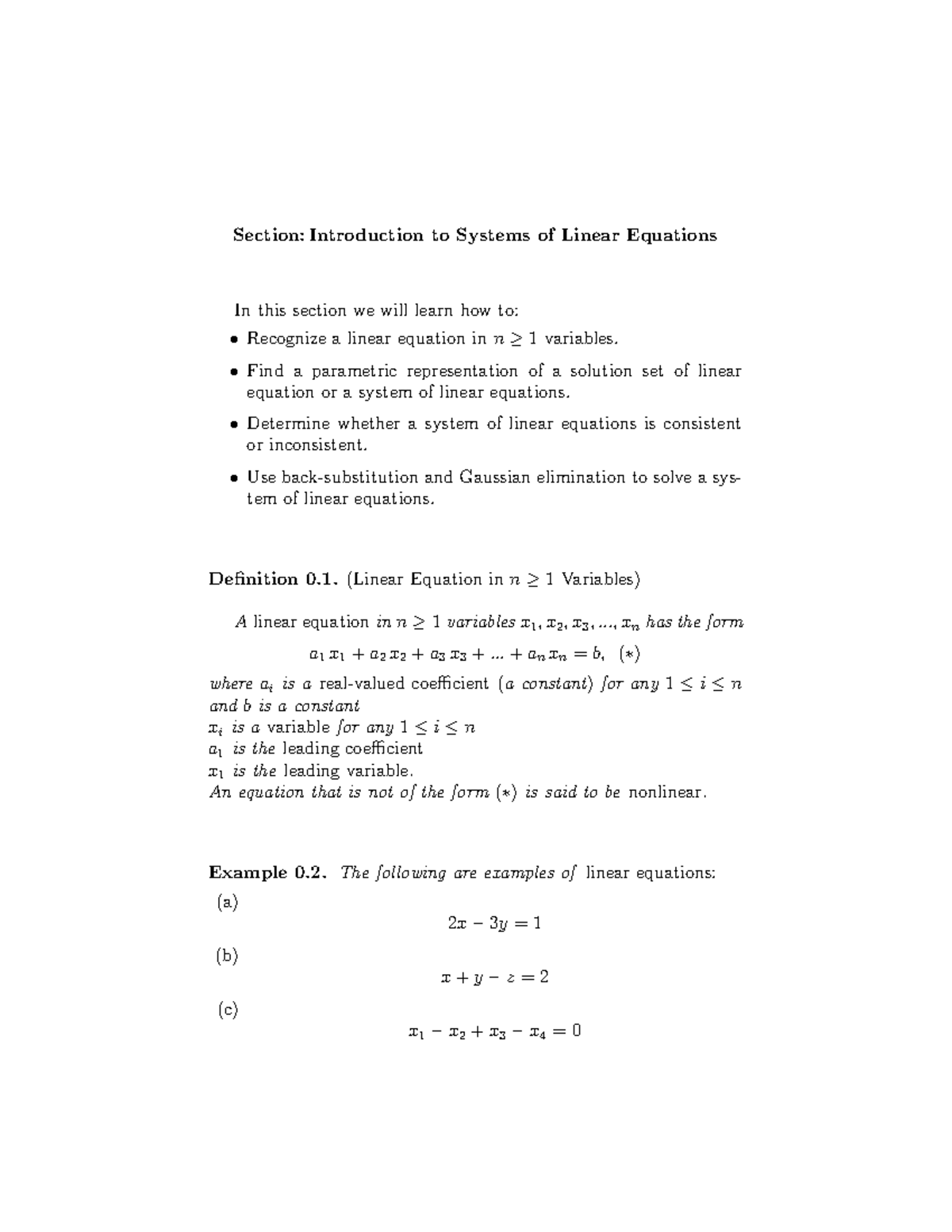 Introduction to Systems of Linear Equations (MATH 101) - Studocu