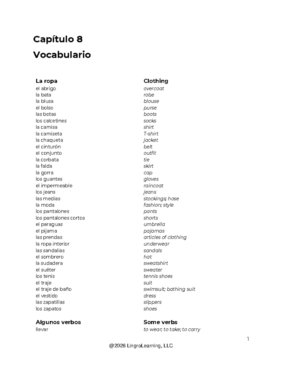 Capítulo 8: Vocabulario de la Ropa y Verbos Relacionados - Studocu