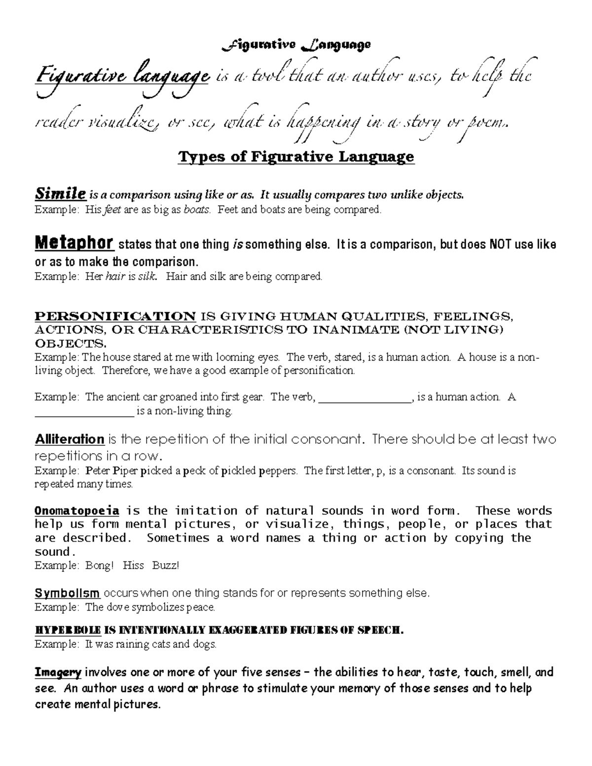 Figuative Language Packet 1 - Figurative Language Figurative language ...