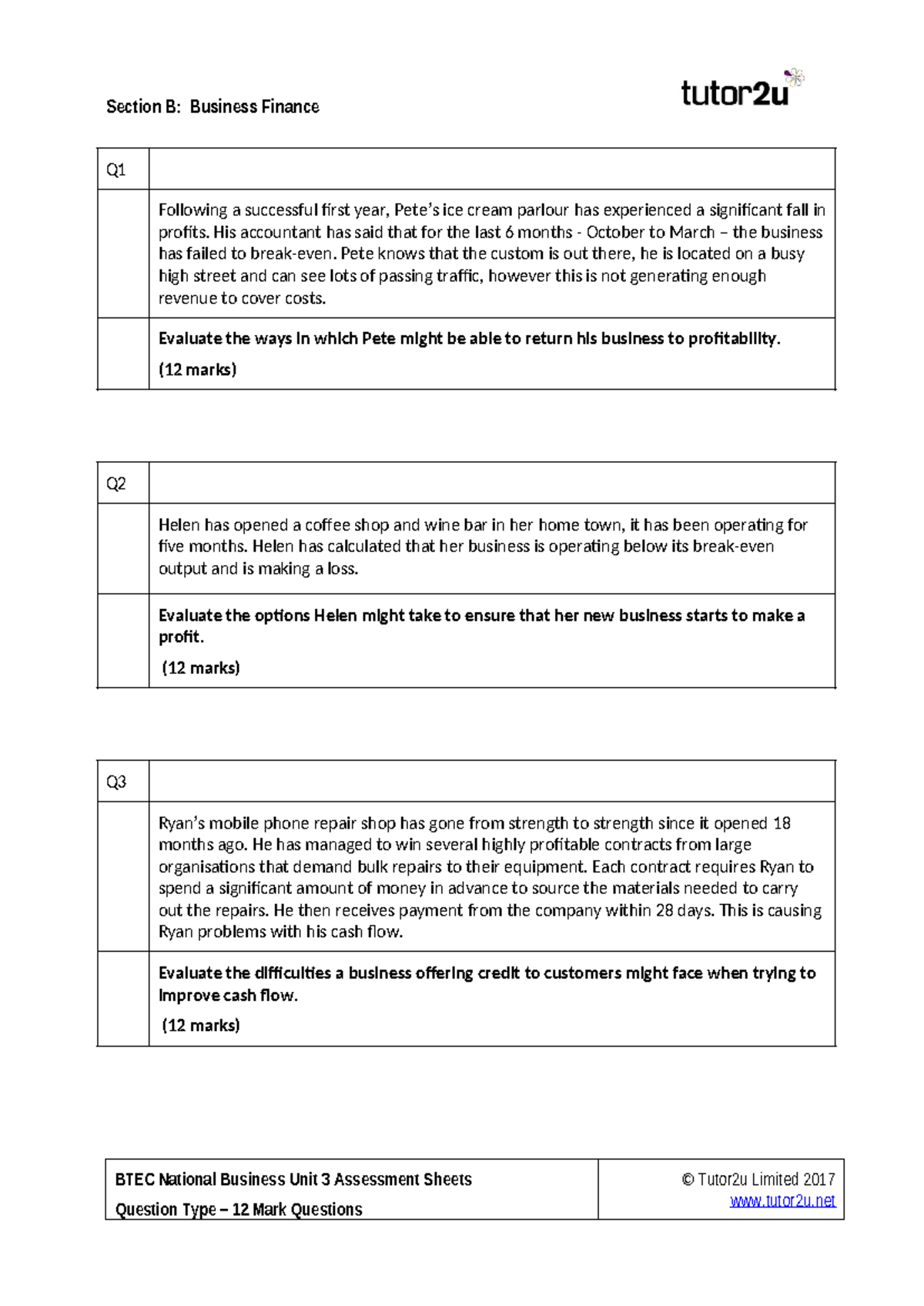 BTEC - Unit 3 Business Finance Section B Practice Questions (12 Mark ...
